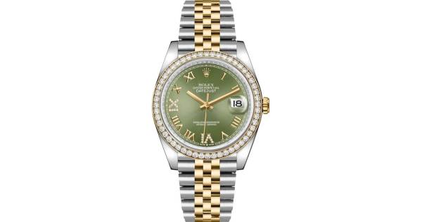 ROLEX DATEJUST 36 YELLOW GOLD&STEEL OLIVE DIAL DIAMOND BEZEL JUBILEE ...